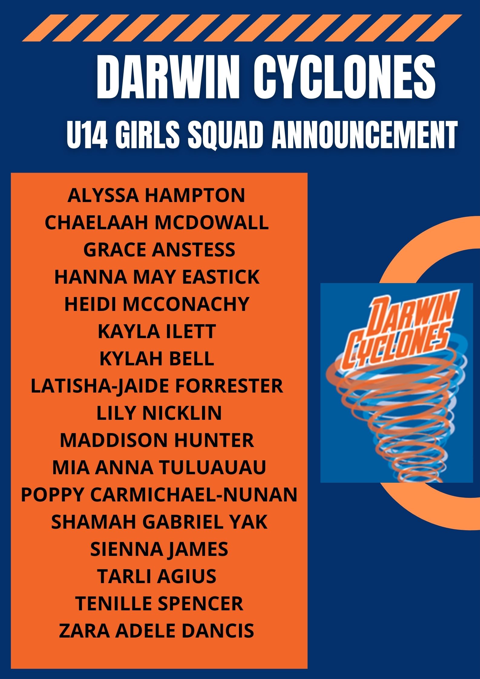 U14 CYCLONES GIRLS - TRAINING SQUAD ANNOUNCEMENT | DBADBA